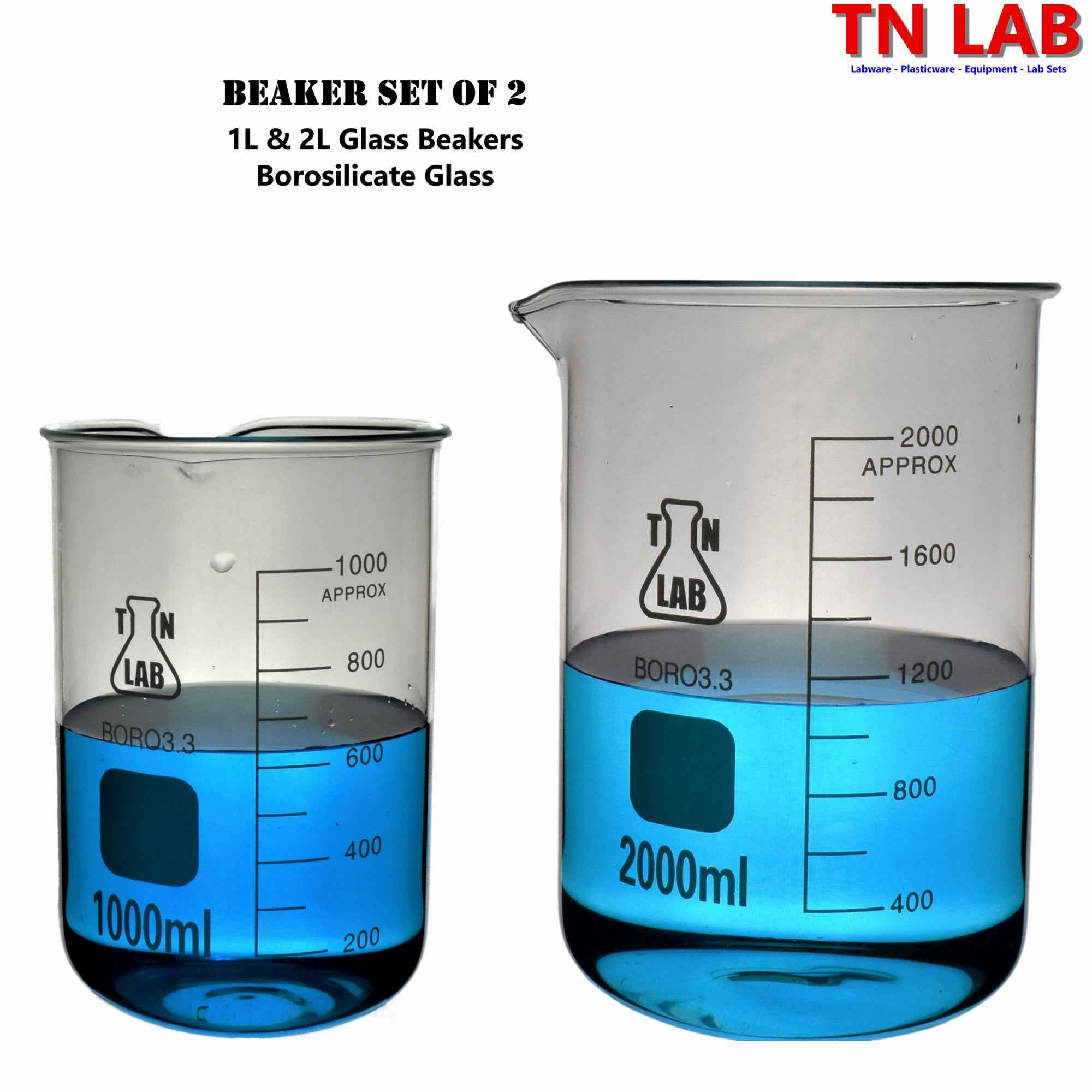 Borosilicate Low Form Glass Beaker Set of 2 Beaker 1000ml -1 Liter and ...