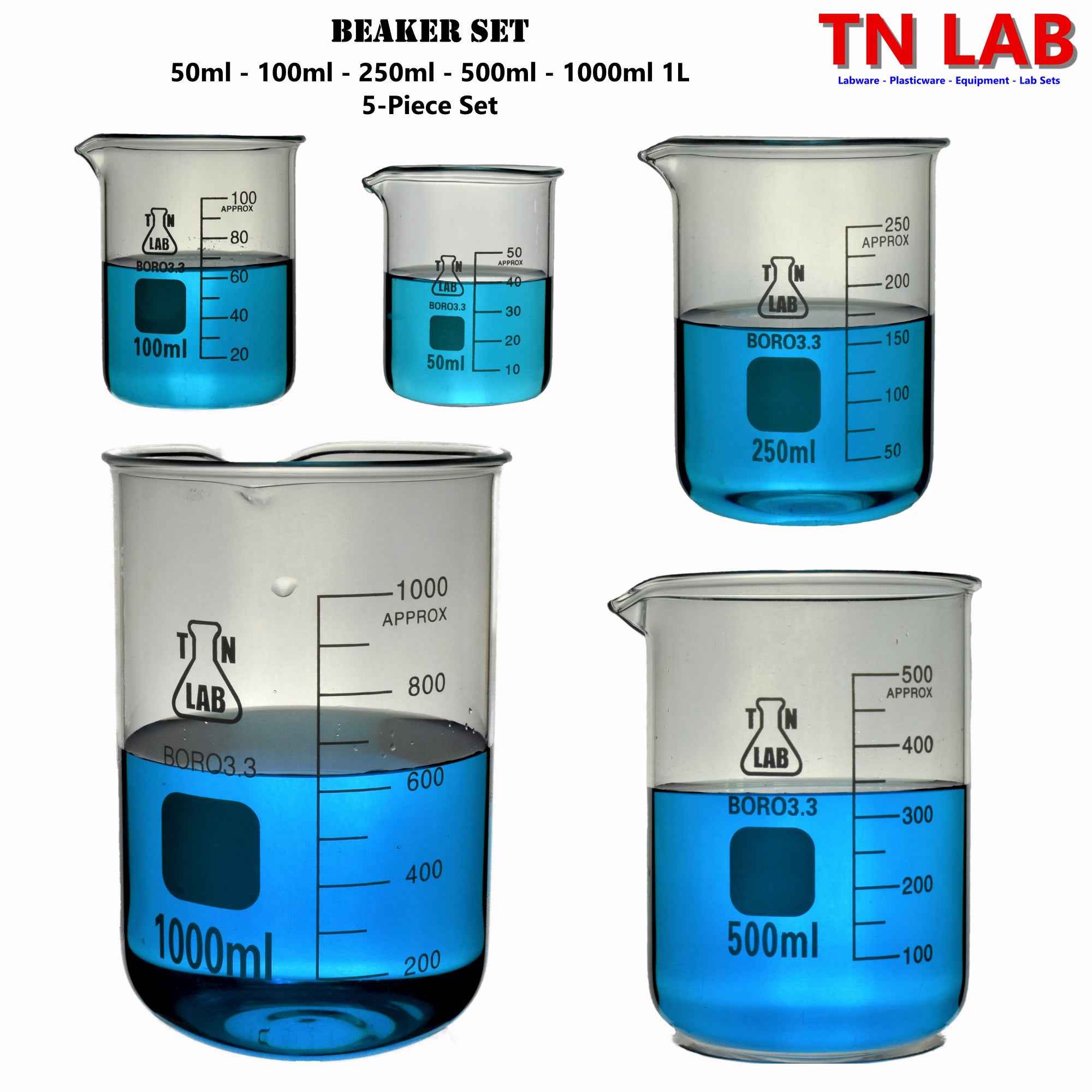 Lab Beakers Borosilicate 3.3 Low-Form Glass Set of 5 Beakers 50-1000ml