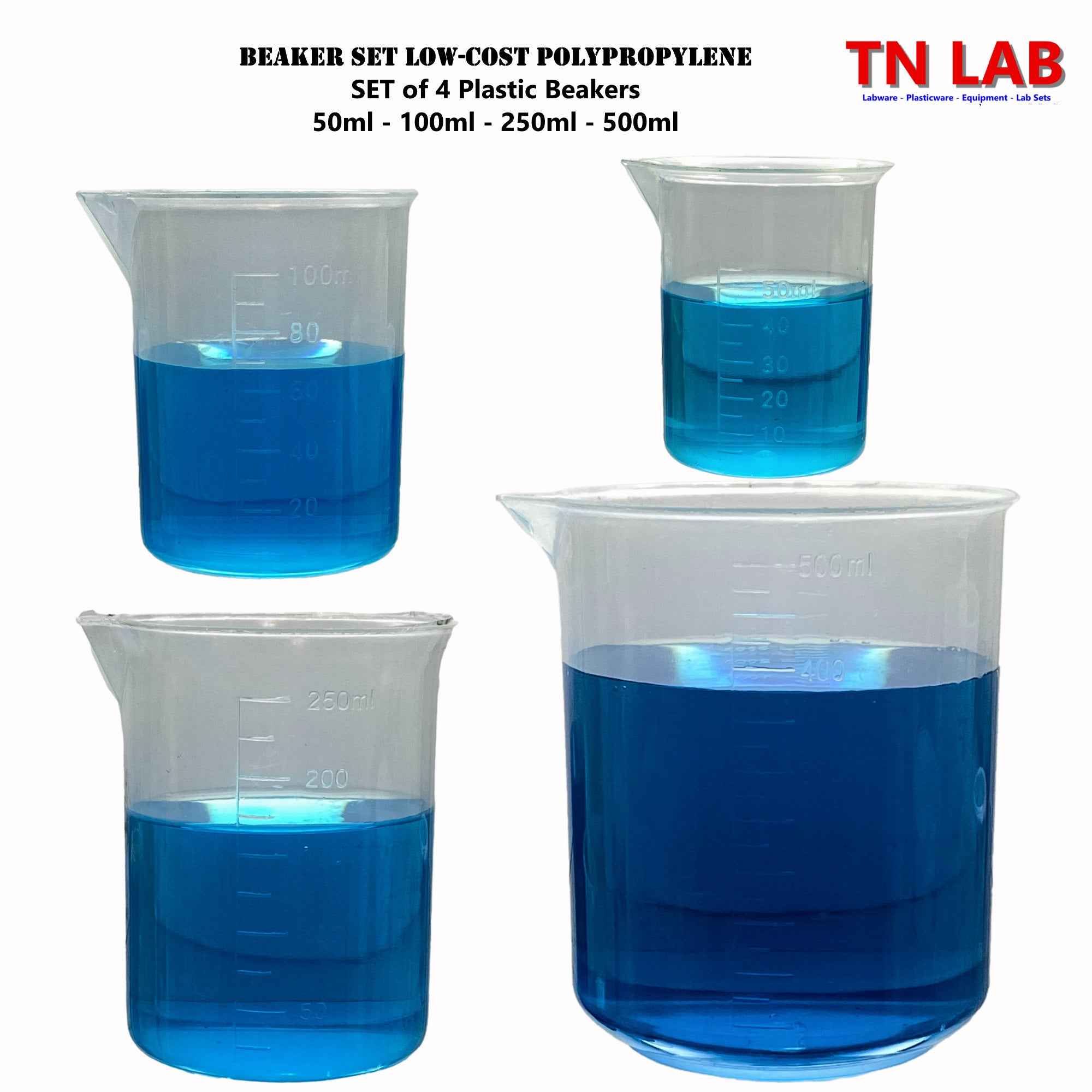 Beaker Set Low-Cost Polypropylene Plastic Set of 4 Beakers (50-100-250