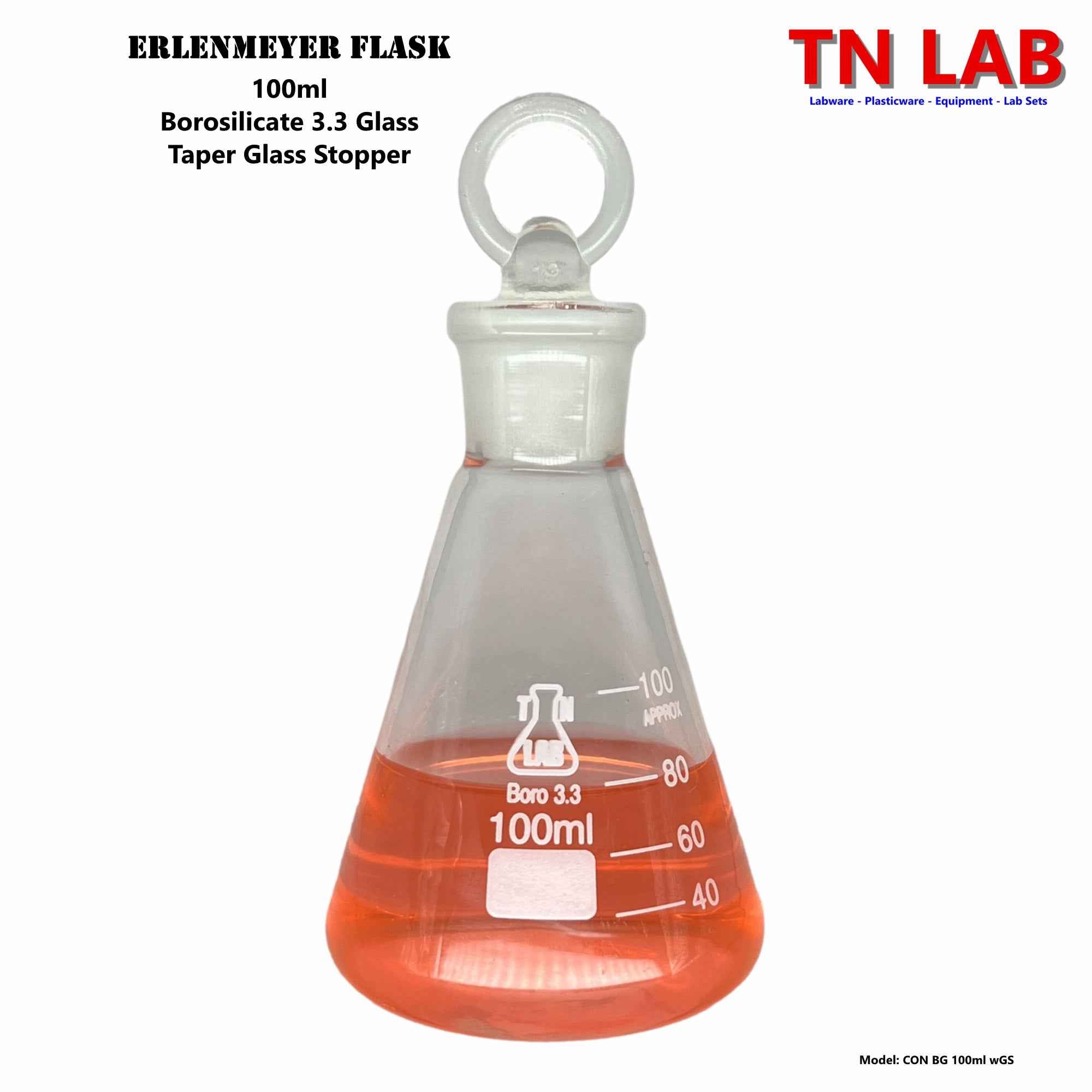 TN LAB Supply Erlenmeyer Flask Borosilicate 3.3 Glass 100ml Glass Stopper