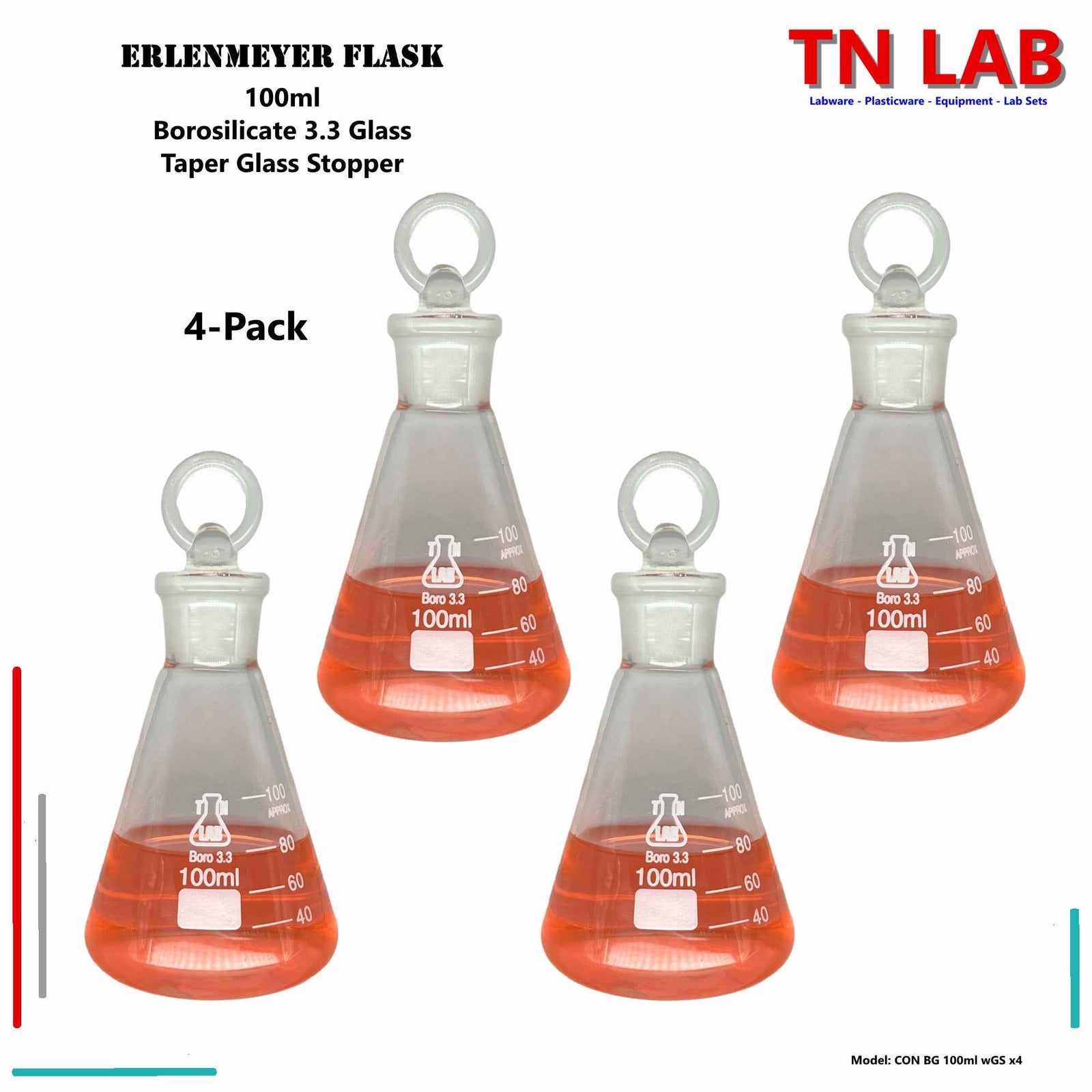TN LAB Supply Erlenmeyer Flask Borosilicate 3.3 Glass 100ml Glass Stopper