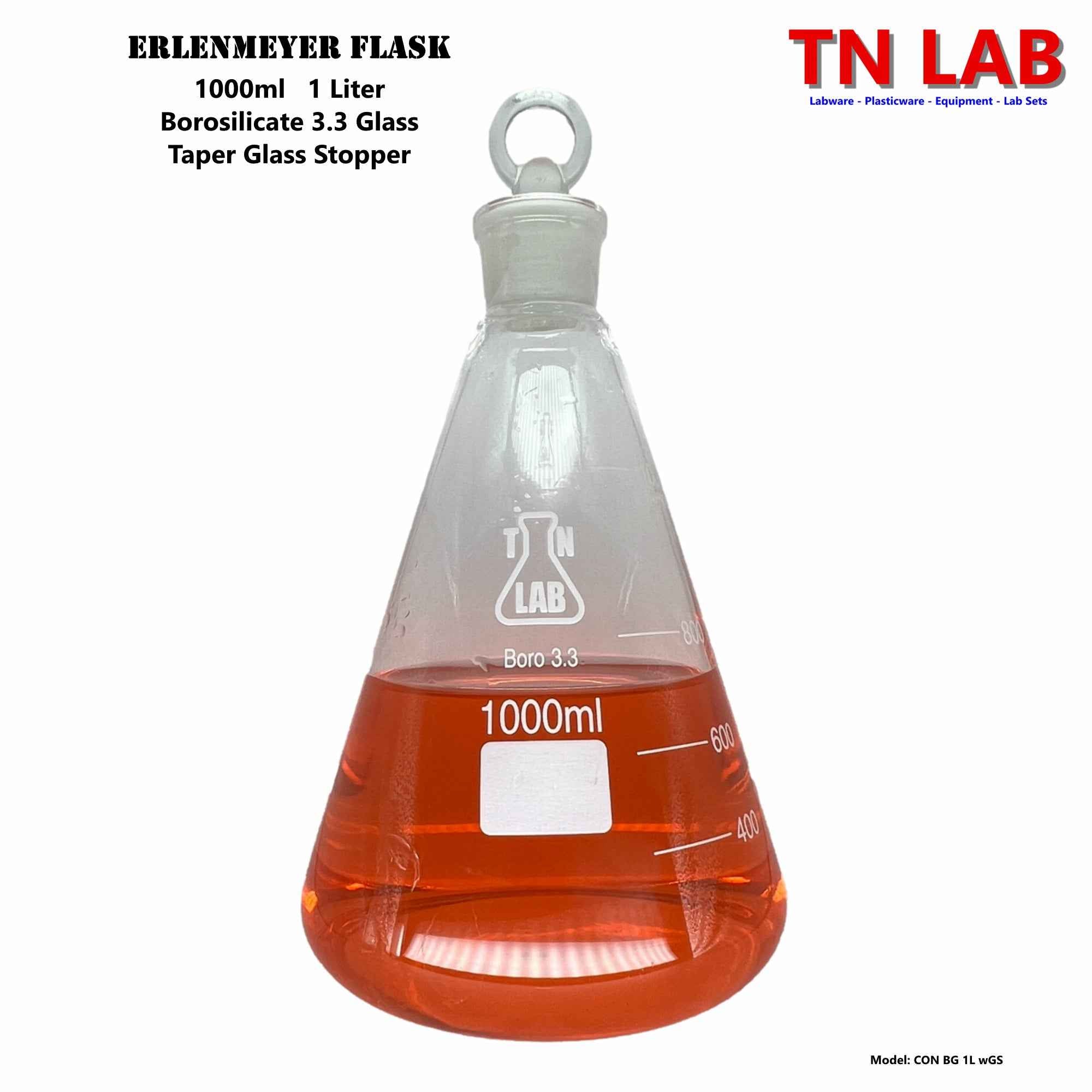 TN Lab Conical Erlenmeyer Flask Borosilicate Glass 1000ml Glass Stopper