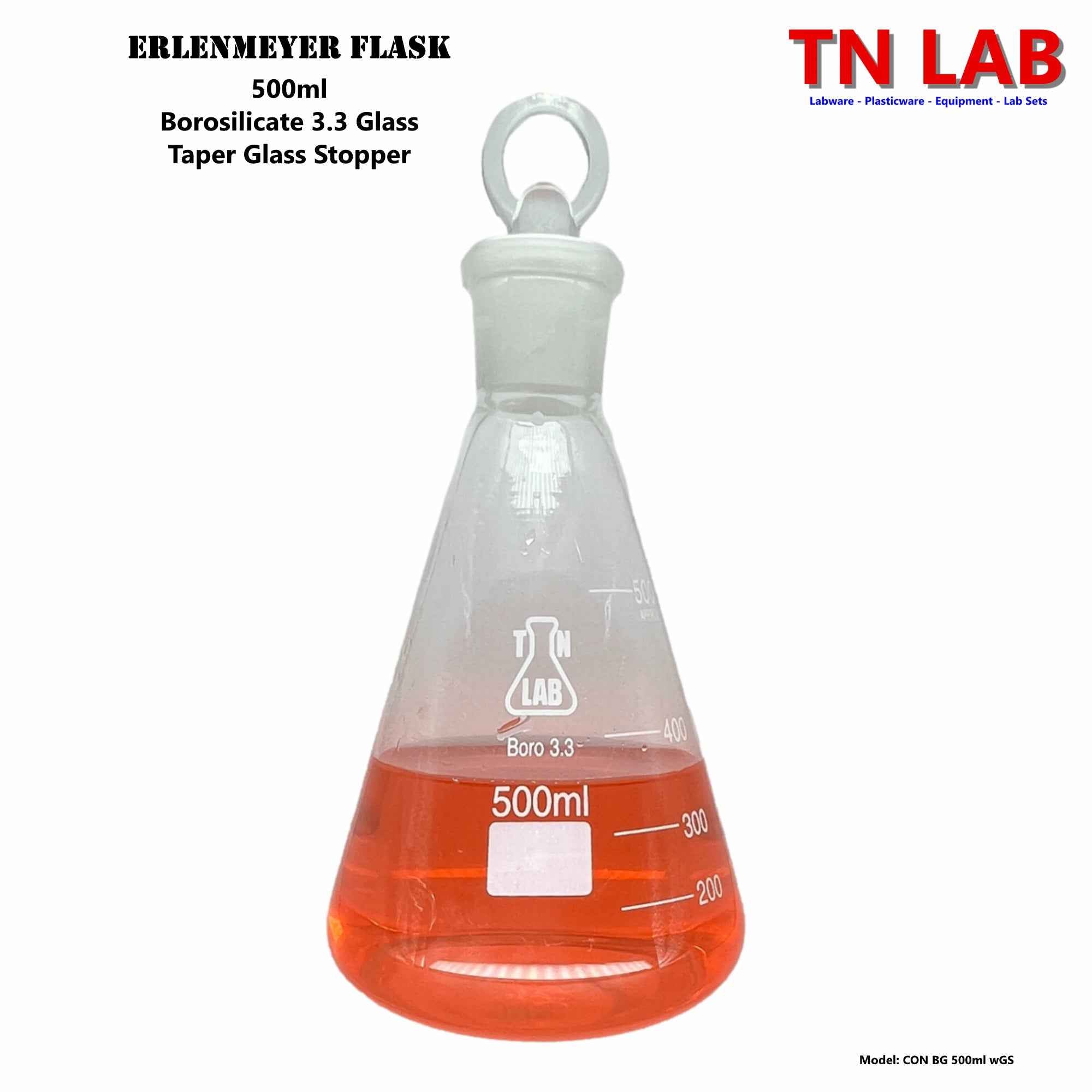 TN Lab Conical Erlenmeyer Flask Borosilicate Glass 500ml Glass Stopper