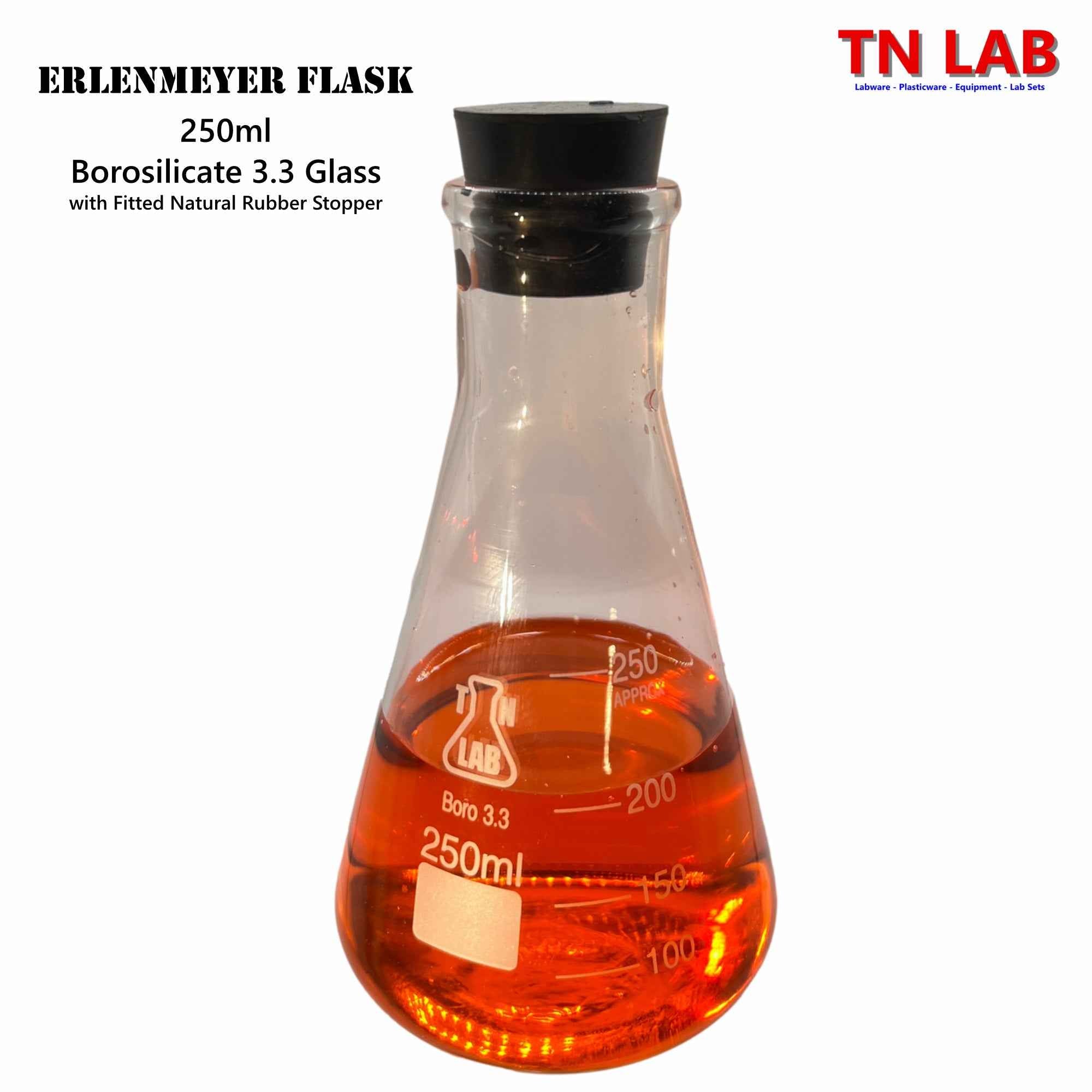 TN Lab Conical Erlenmeyer Flask Borosilicate Glass 250ml Rubber Stopper