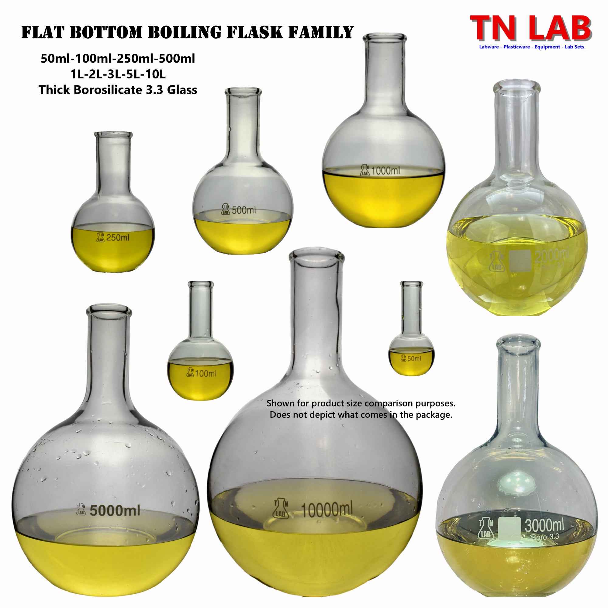 Flat Bottom Florence Boiling Flask Borosilicate Glass Family 50ml to 10L