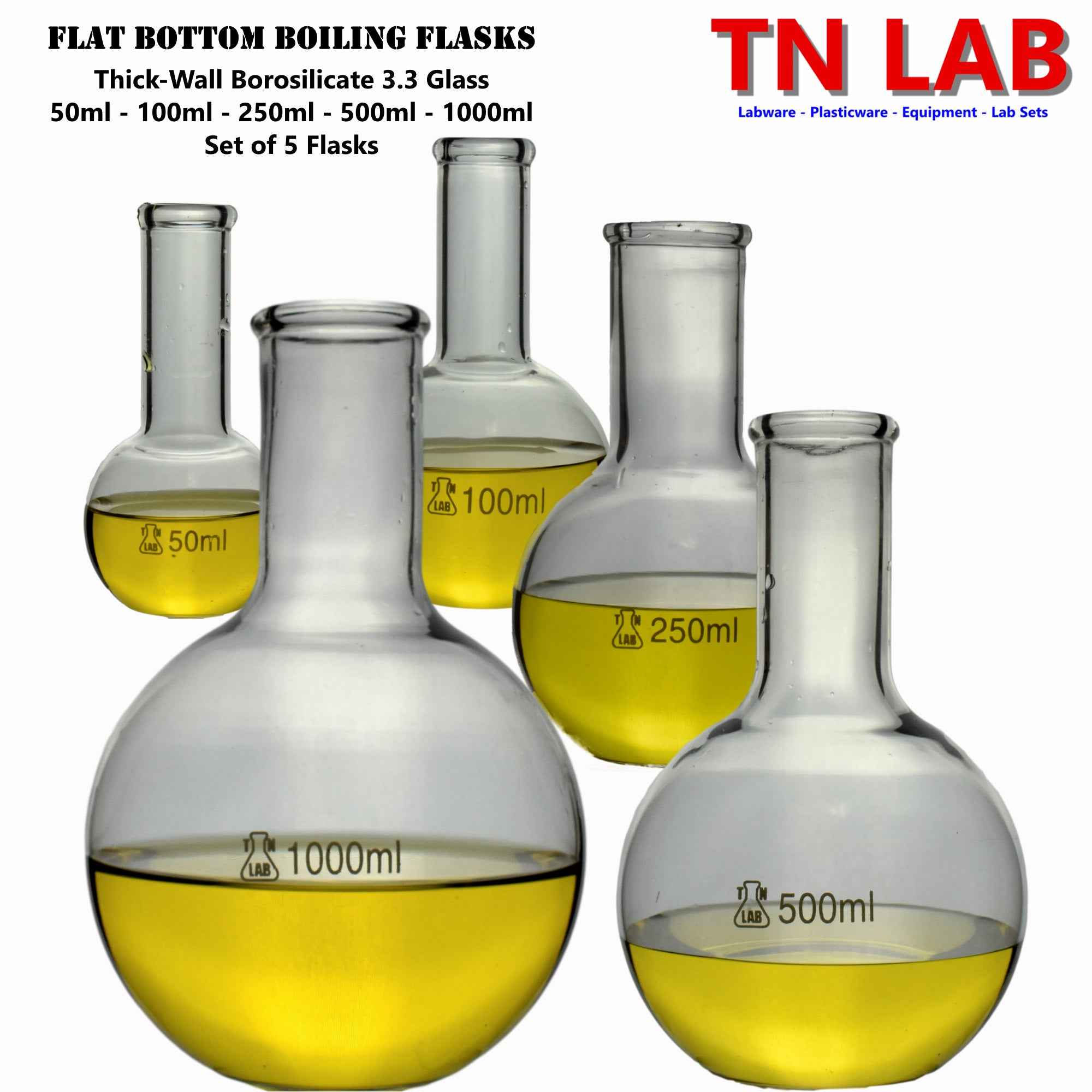 TN LAB Supply Flat Bottom Boiling Flask 5-Piece SET 50-100-250-500-1000ml