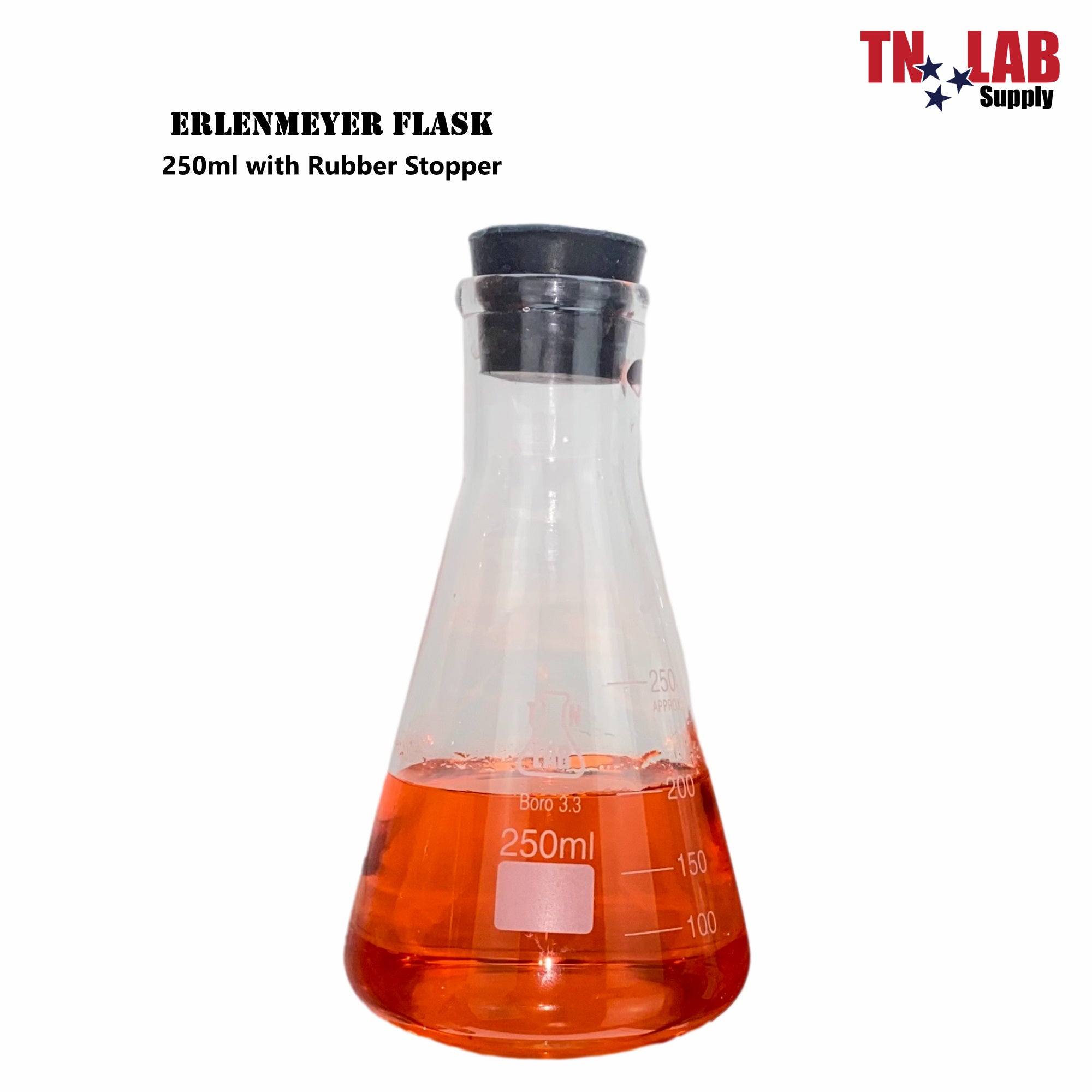 TN Lab Conical Erlenmeyer Flask Borosilicate Glass 250ml Rubber Stopper